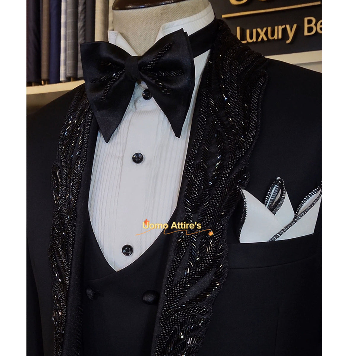 Black Designer Tuxedo Suit with Embellished Shawl – Uomo Attire
