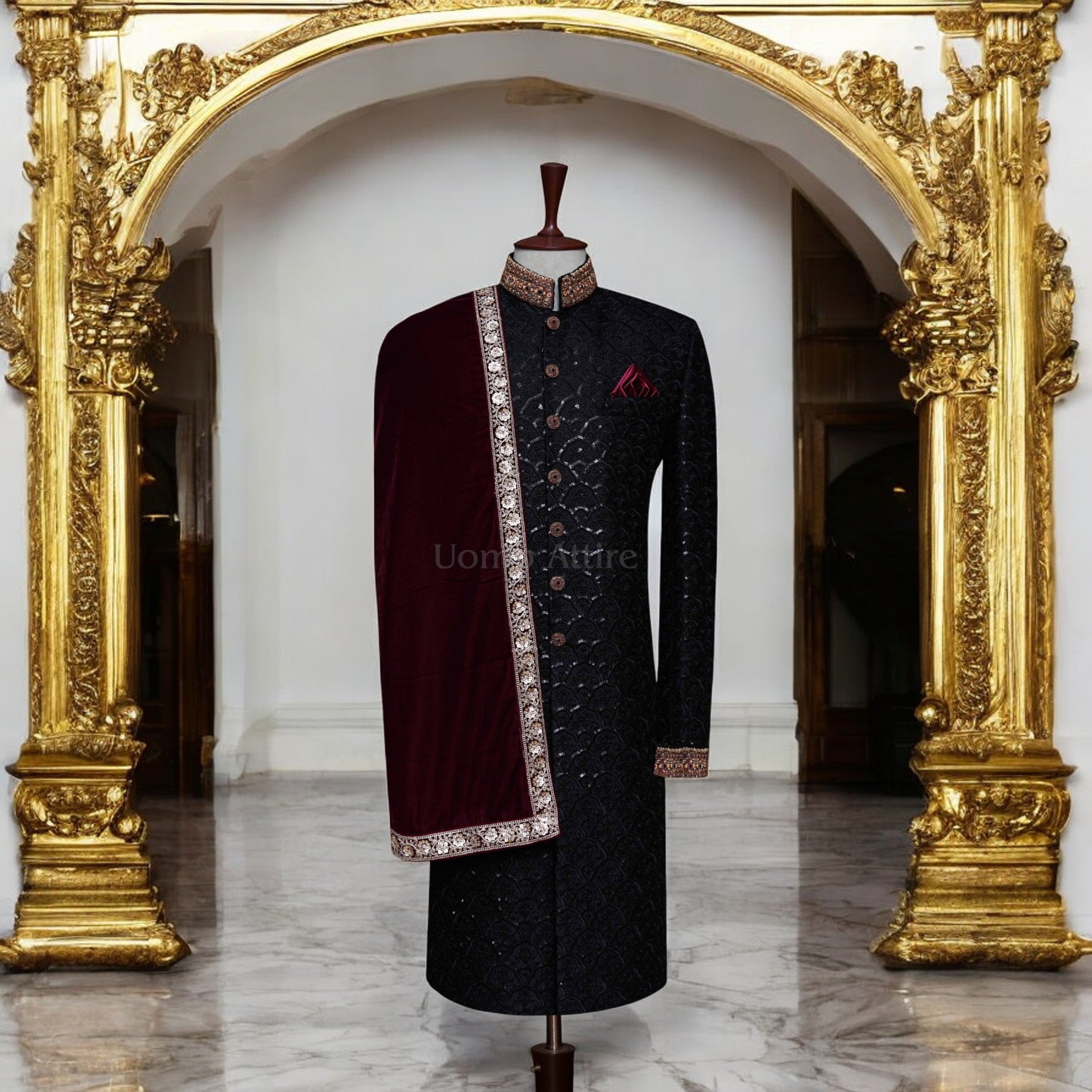 Black Fully Embroidered Sherwani for Groom – Uomo Attire