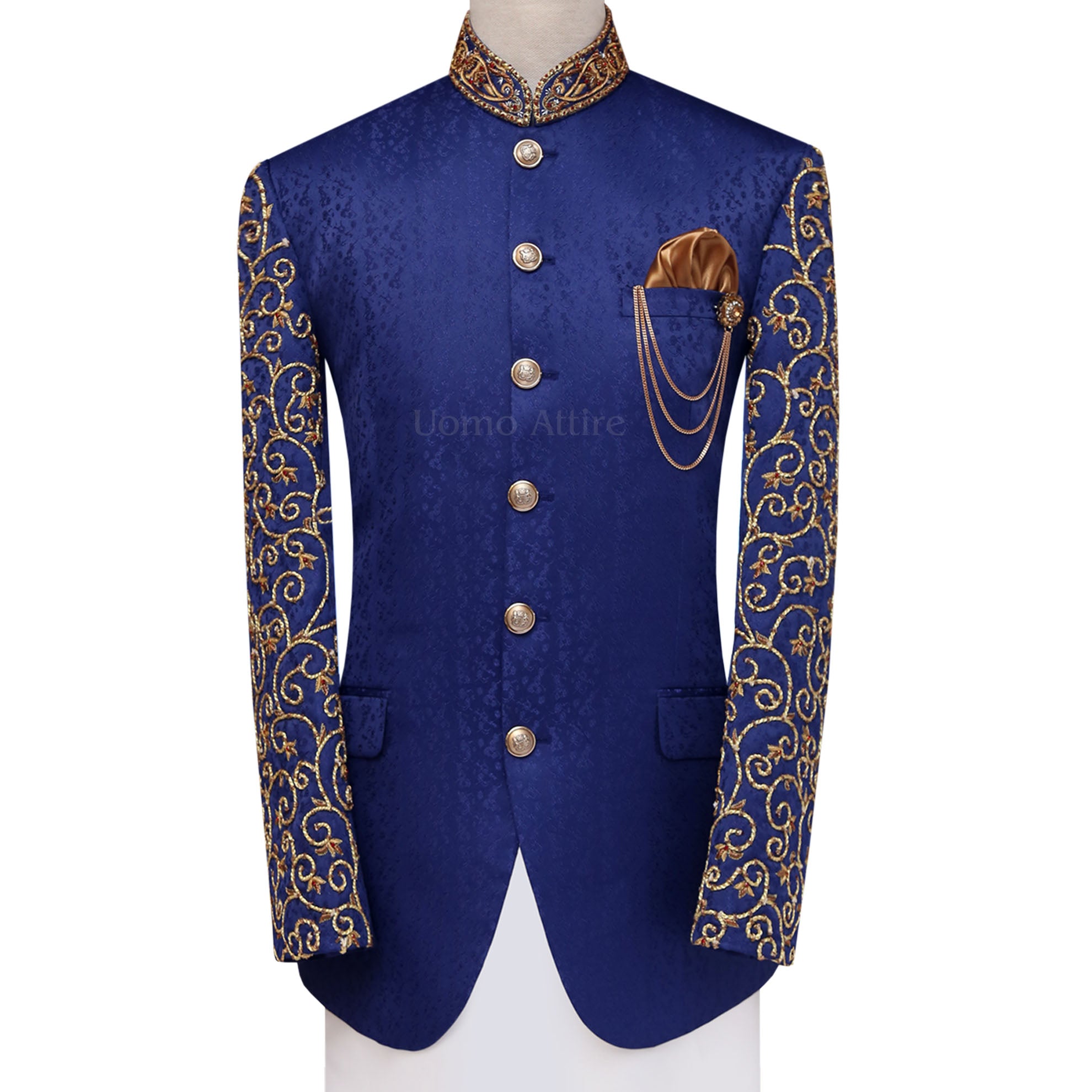 Blue full sleeve and ban embellished prince coat – Uomo Attire
