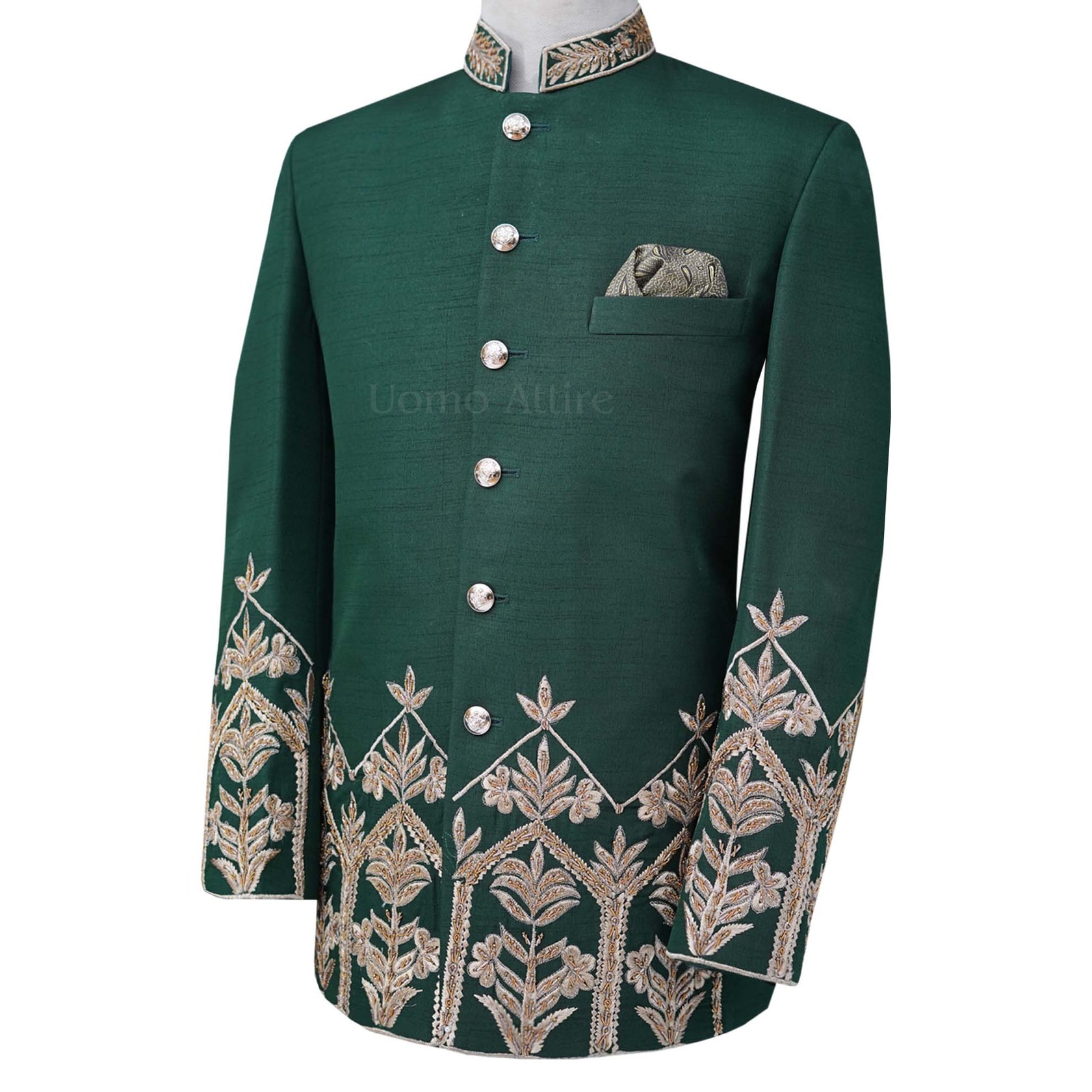 Deep green prince coat with golden embellishment – Uomo Attire
