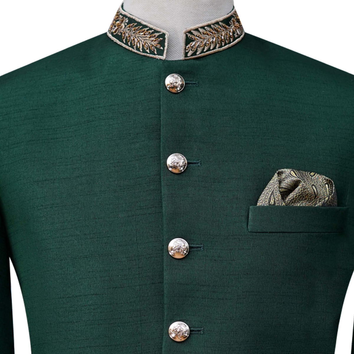 Deep green prince coat with golden embellishment – Uomo Attire
