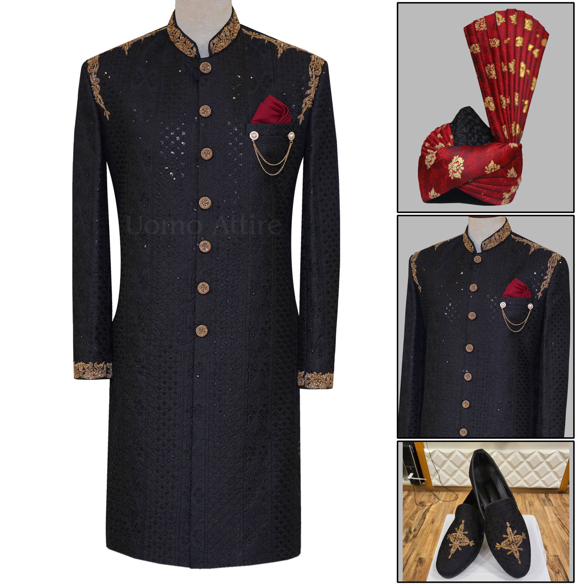 Embroidered Classic Black Wedding Sherwani for Groom – Uomo Attire
