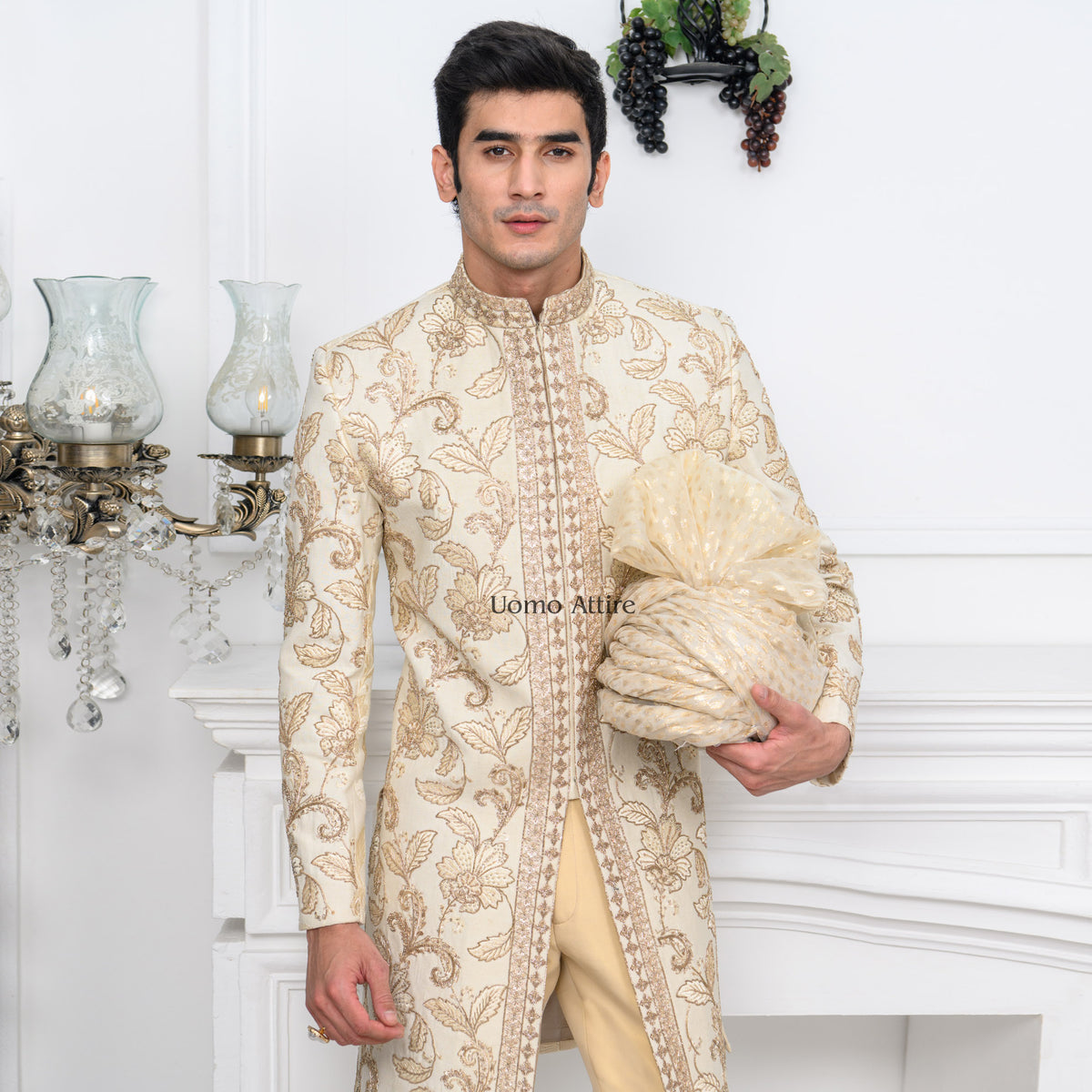 Luxurious Krandi Fabric Sherwani with Floral Embroidery & Rajasthani ...