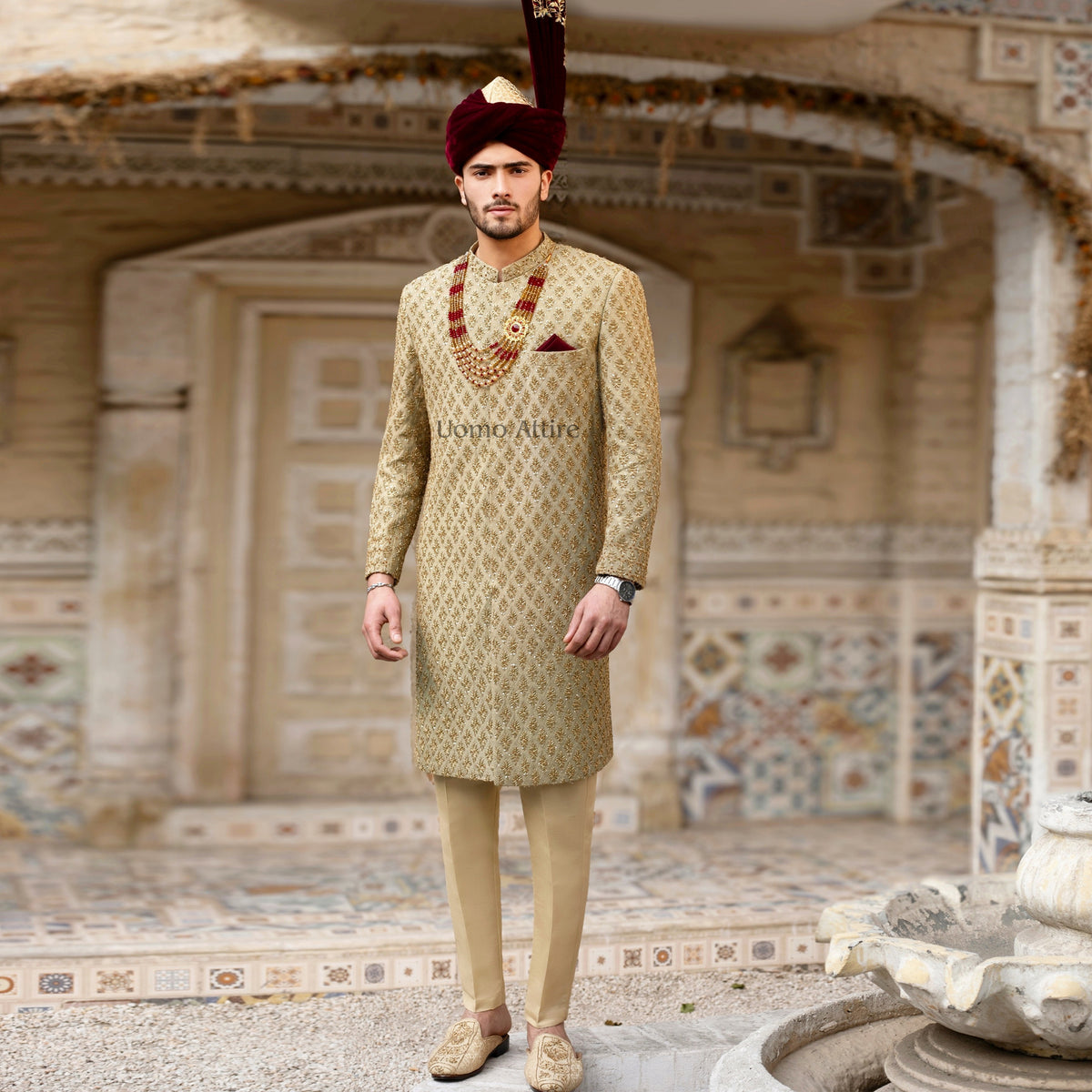 Custom Light Green Sherwani For Groom with Golden Embellishments – Uomo ...
