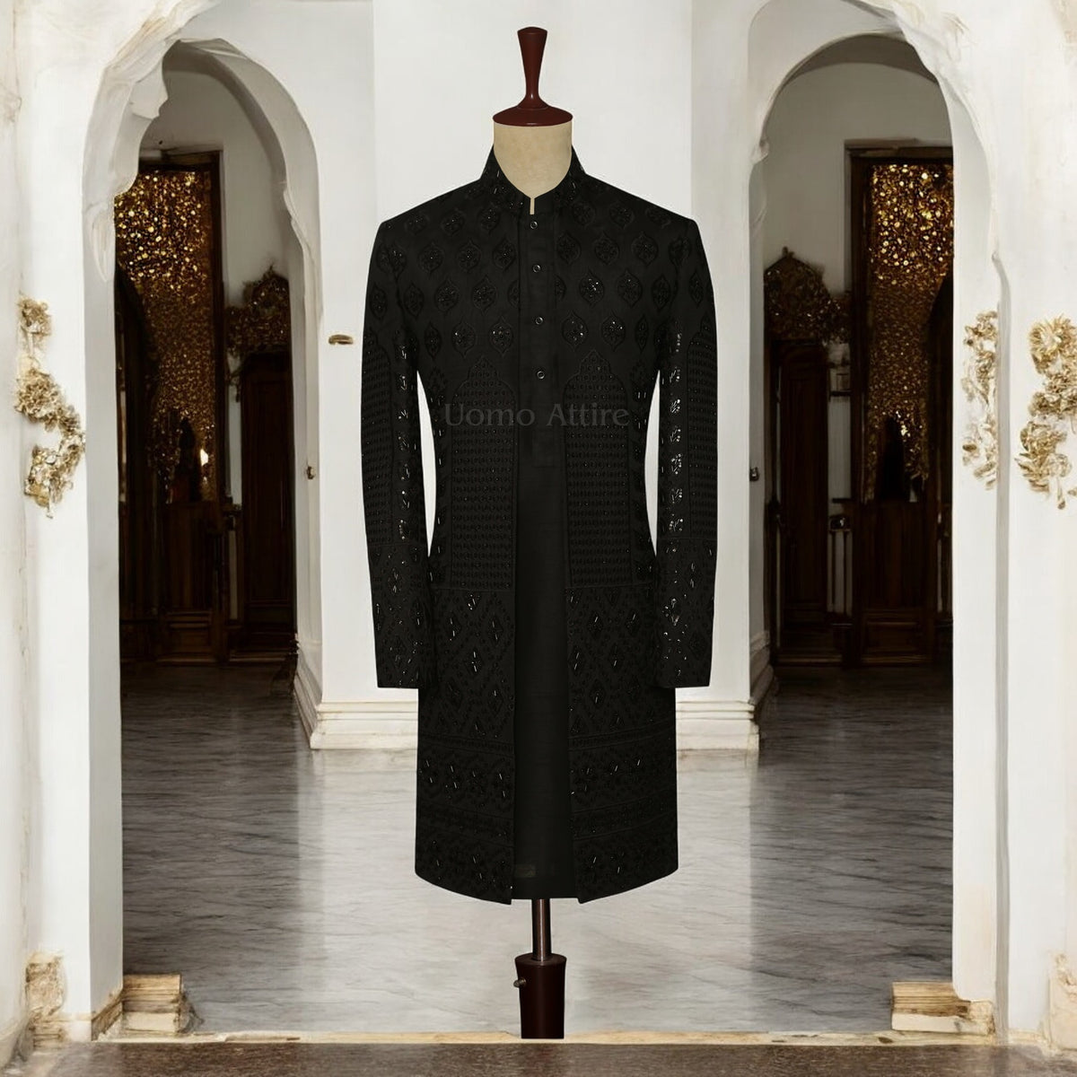 Exquisite Black Sherwani with Intricate Embroidery – Uomo Attire