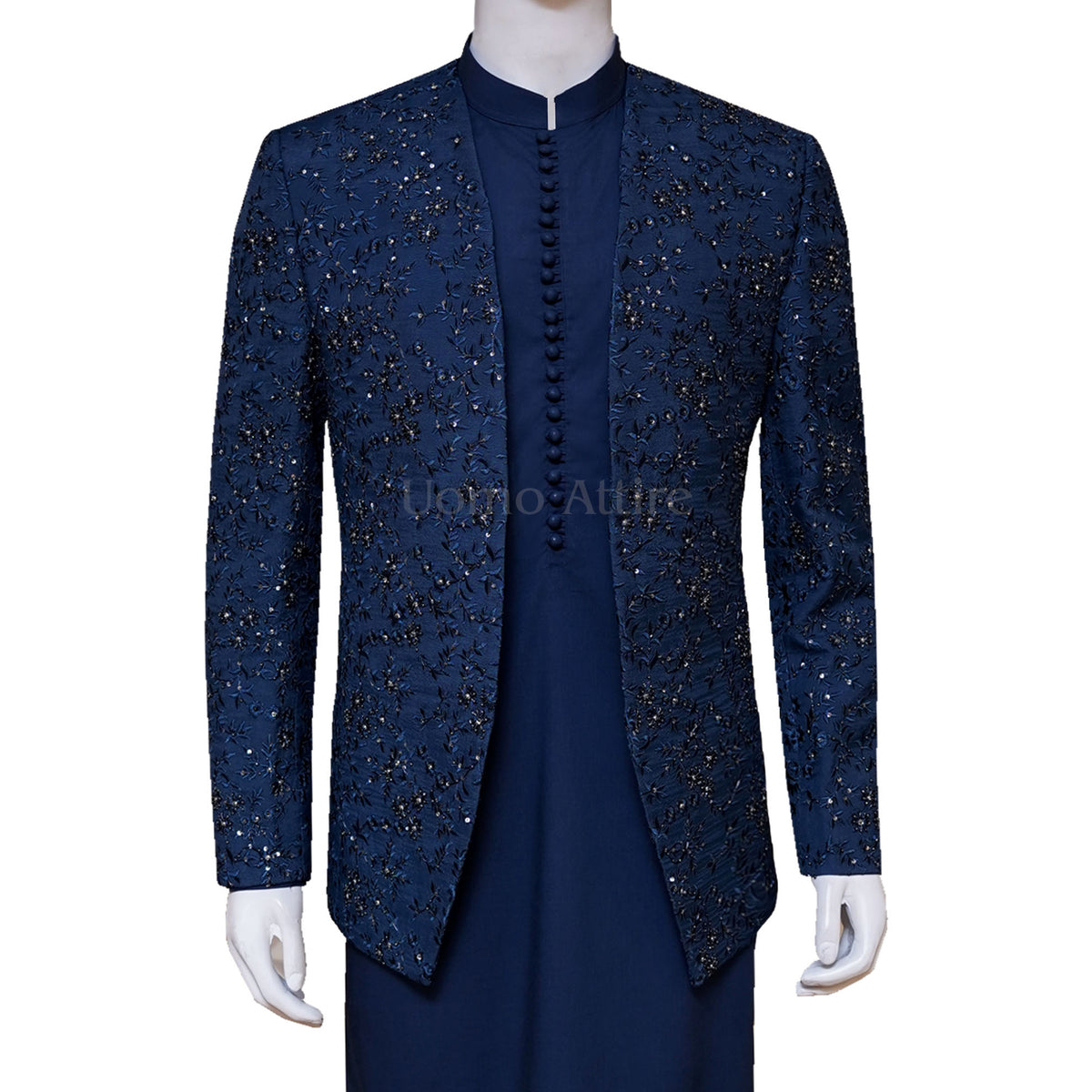 Midnight Blue Prince Coat with Same Color Kurta Pajama – Uomo Attire
