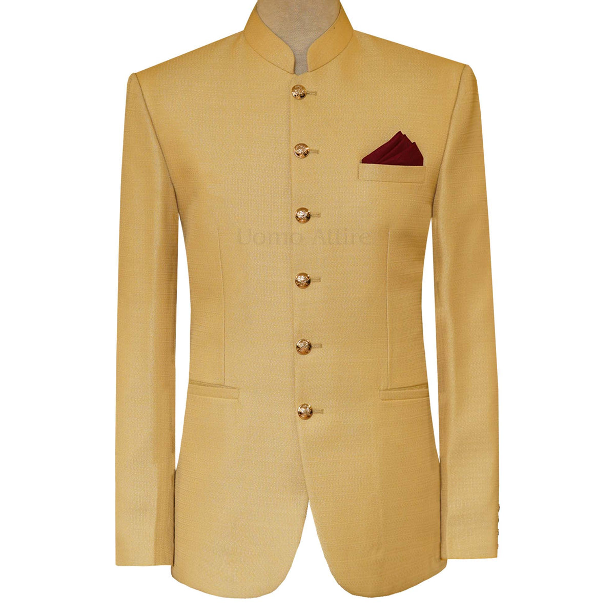 Self textured simple golden prince coat – Uomo Attire