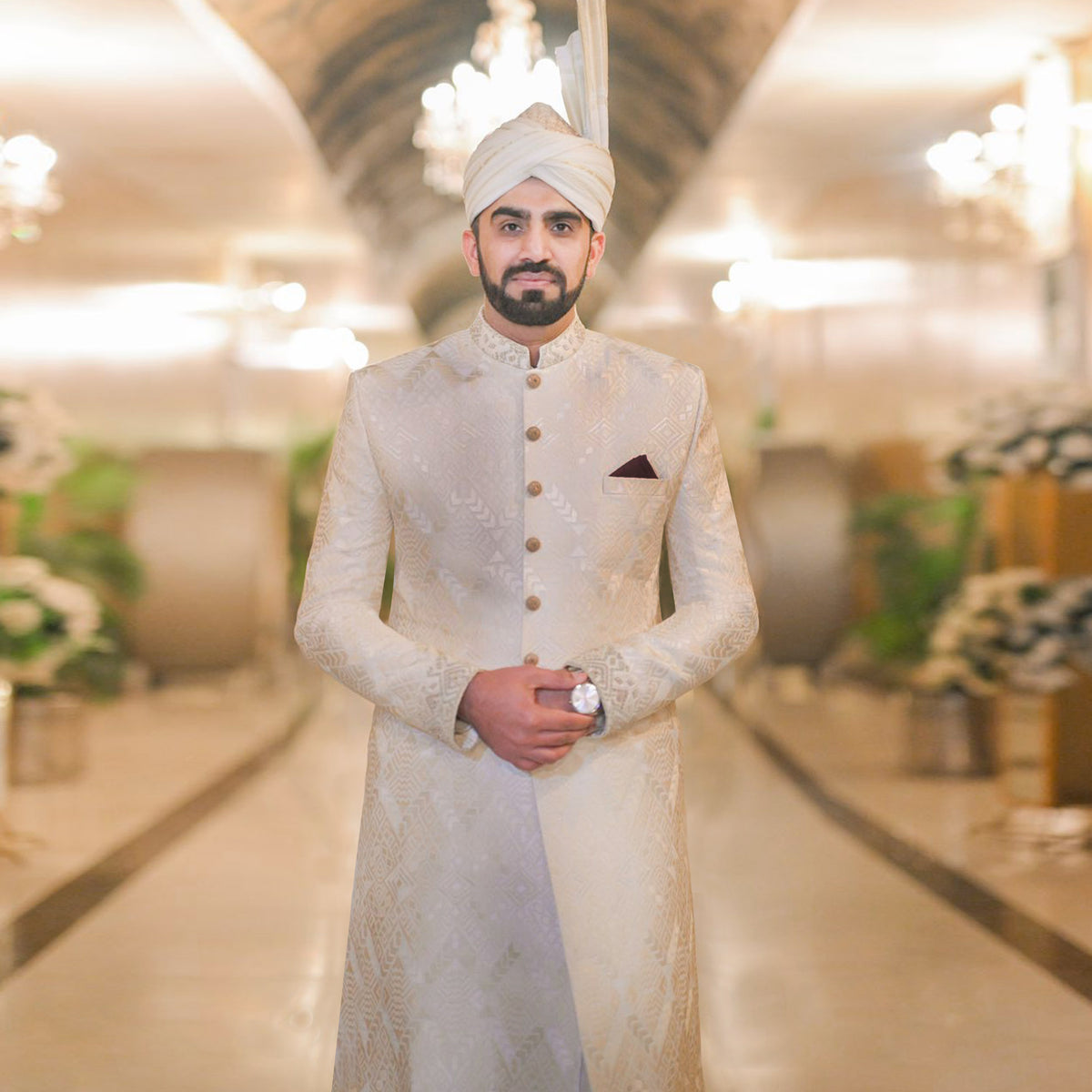 Premium Krandi Fabric Sherwani with Golden Brass Accents | Uomo Attire