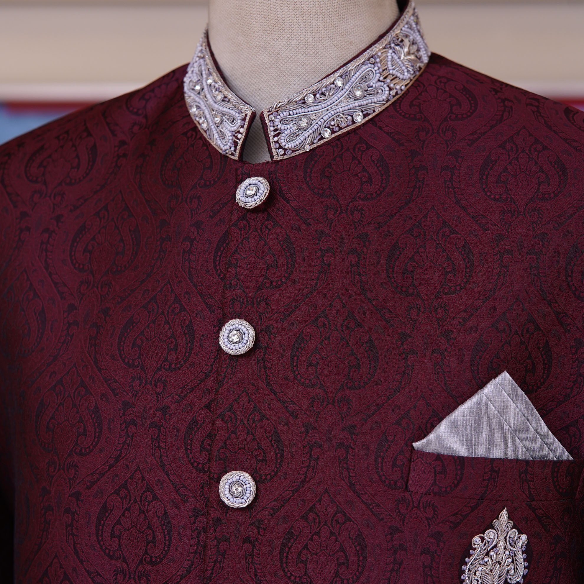 Maroon Self Textured Jamawar Wedding Sherwani For Groom – Uomo Attire