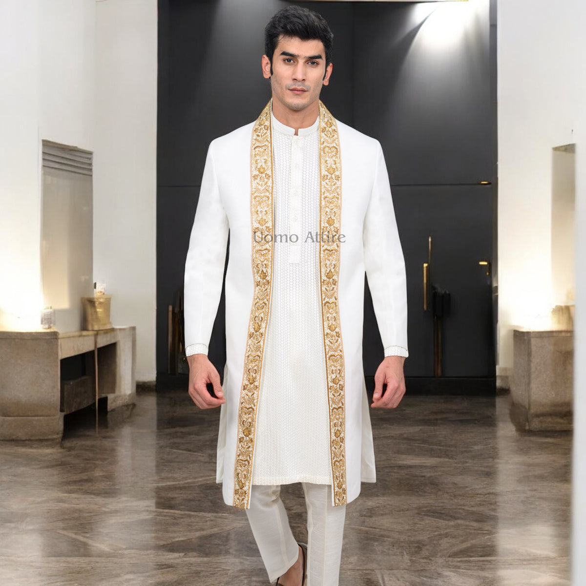 Luxury White Open-Front Sherwani with Embellished Borders | Kurta ...
