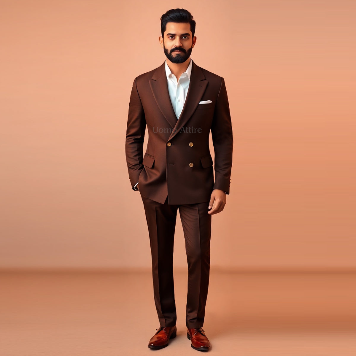 Chocolate Brown Double-Breasted Suit | Premium Fabric – Uomo Attire