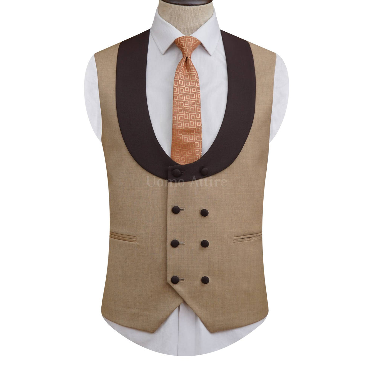 Burgundy 3 Piece Suit for Men with Tan Vest and Orange Tie – Uomo Attire
