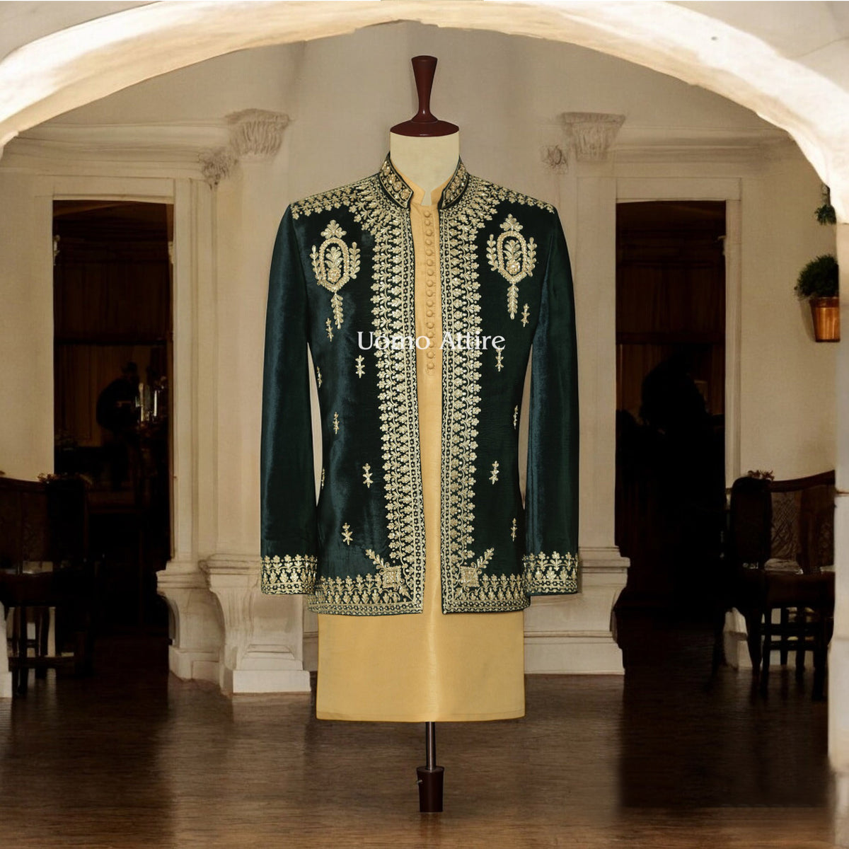Luxury Green Velvet Prince Coat with Golden Embellishment For Men's ...