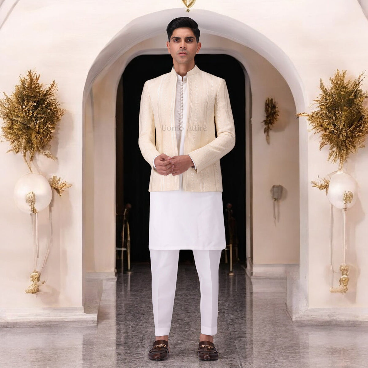 Ivory Embroidered Open Front Prince Coat with White Kurta Set – Uomo Attire