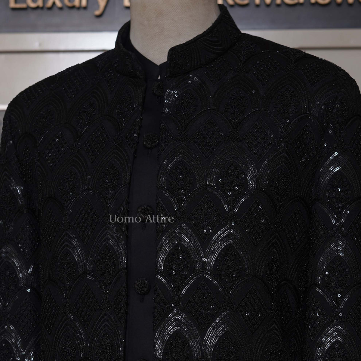 Luxury Jet Black Open Front Embellished Sherwani for Men – Uomo Attire