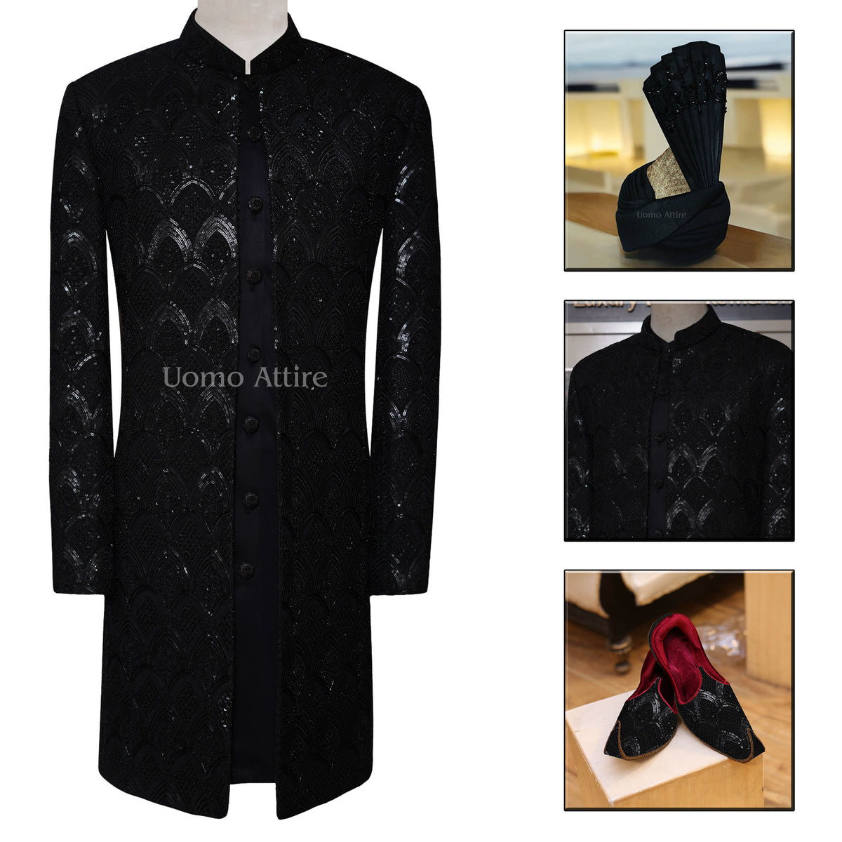 Luxury Jet Black Open Front Embellished Sherwani for Men – Uomo Attire