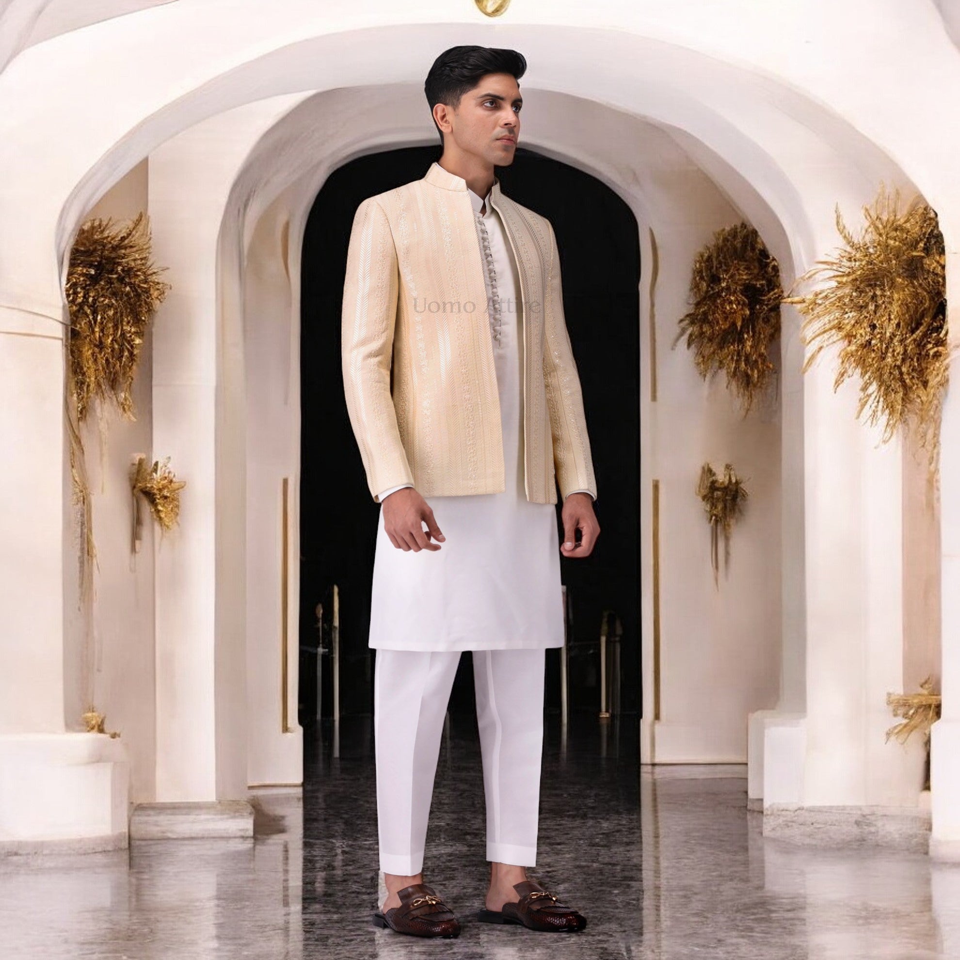 Ivory Embroidered Open Front Prince Coat with White Kurta Set – Uomo Attire