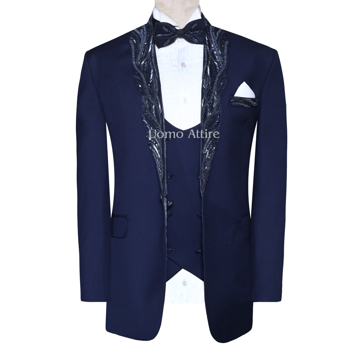 Luxury Blue Tuxedo with Embellished Shawl Lapel and Double-Breasted Wa ...