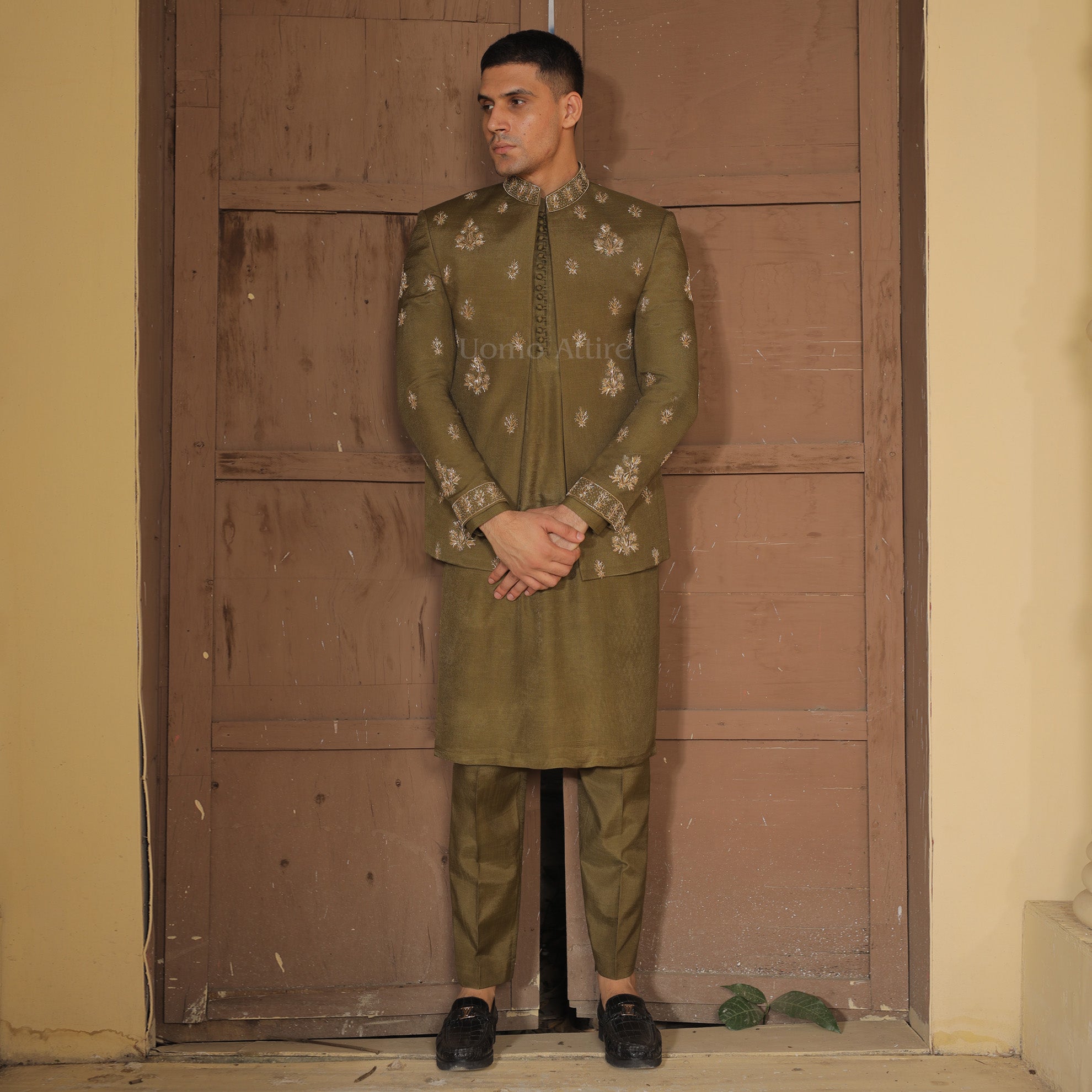 Handcrafted Embroidered Olive Green Open front Prince Coat With Kurta ...
