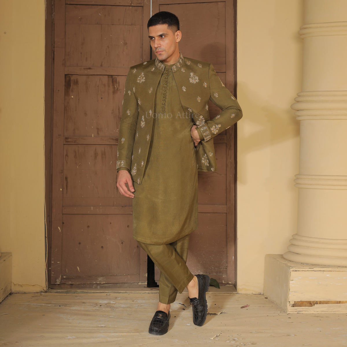 Handcrafted Embroidered Olive Green Open front Prince Coat With Kurta ...