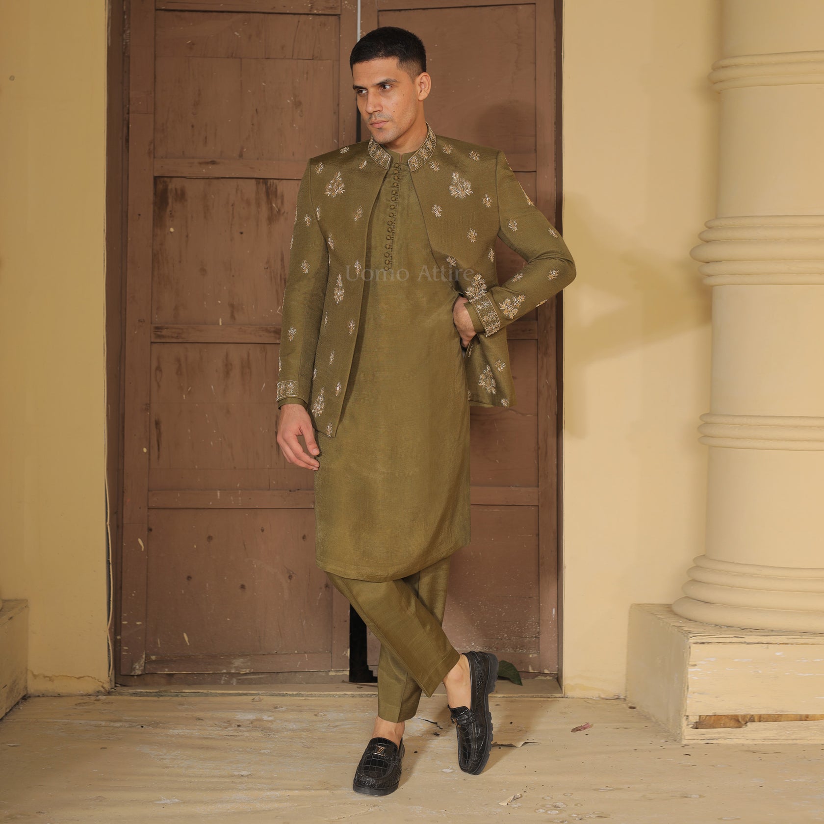 Handcrafted Embroidered Olive Green Open front Prince Coat With Kurta ...