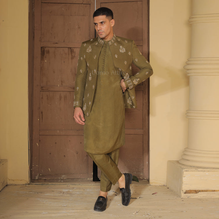 Handcrafted Embroidered Olive Green Open front Prince Coat With Kurta ...