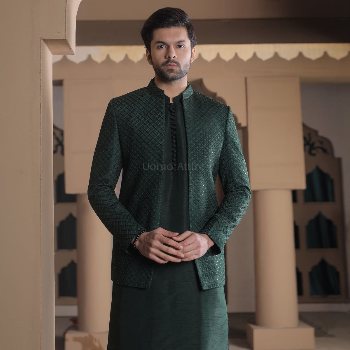 Luxury Deep Green Open Front Prince Coat for Groom – Uomo Attire