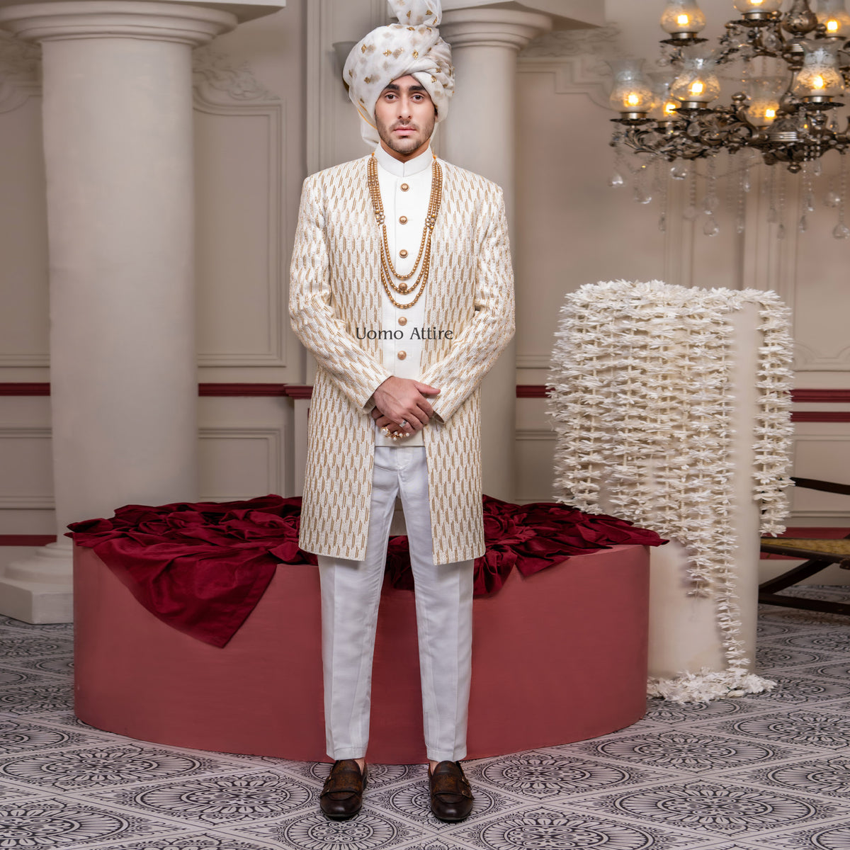Luxury Custom-Made White Open Front Sherwani with Intricate Golden Emb ...