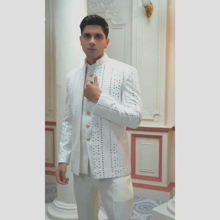 Open-Front Prince Coat with Embroidery & Mirror Work – Uomo Attire