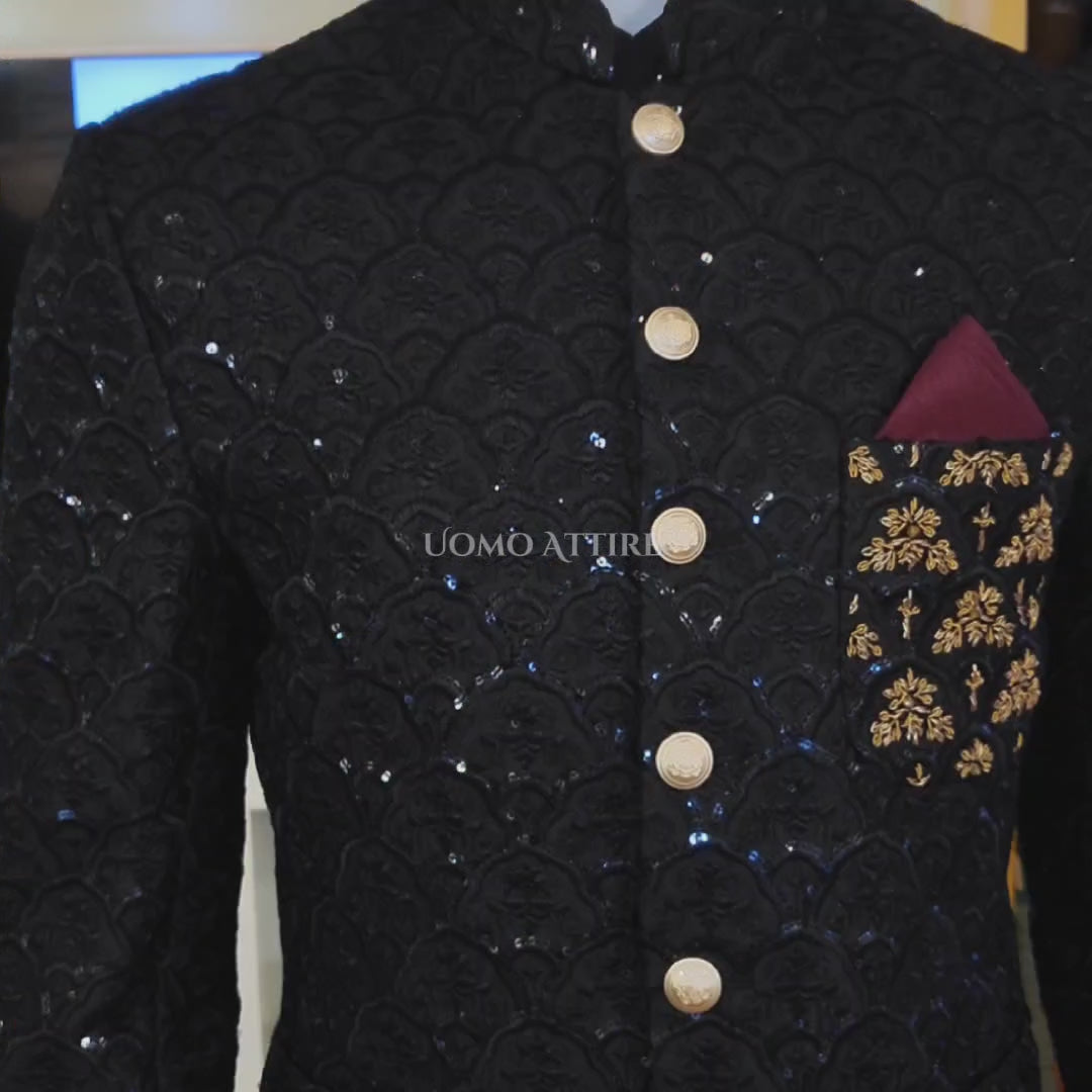Jet Black Fully Embroidered Prince Coat For Special Events – Uomo Attire