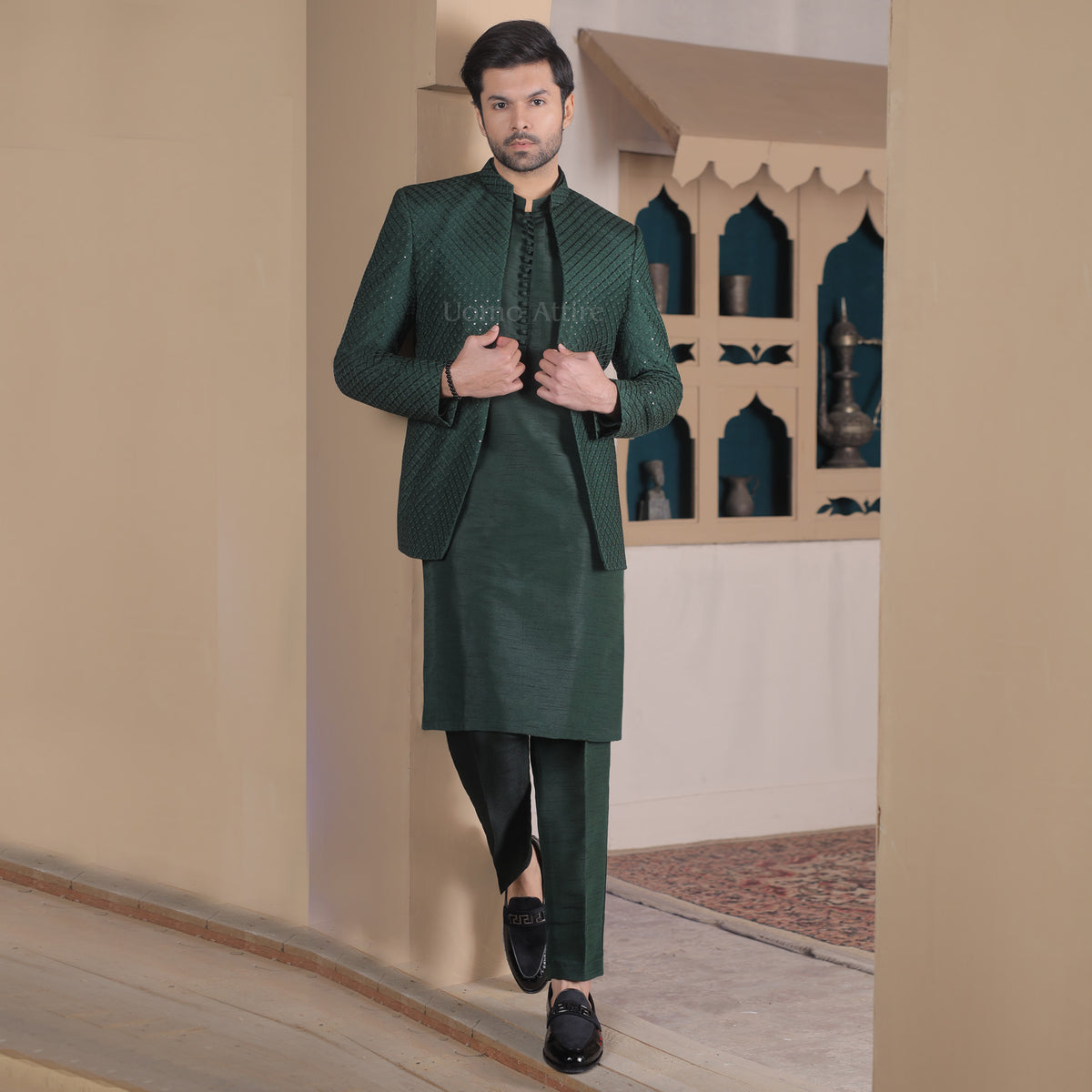 Luxury Deep Green Open Front Prince Coat for Groom – Uomo Attire