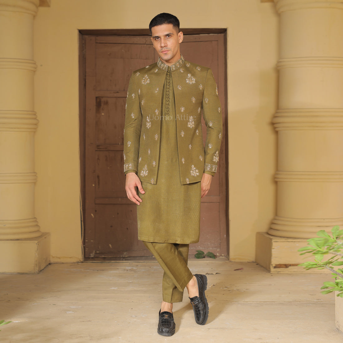 Handcrafted Embroidered Olive Green Open front Prince Coat With Kurta ...