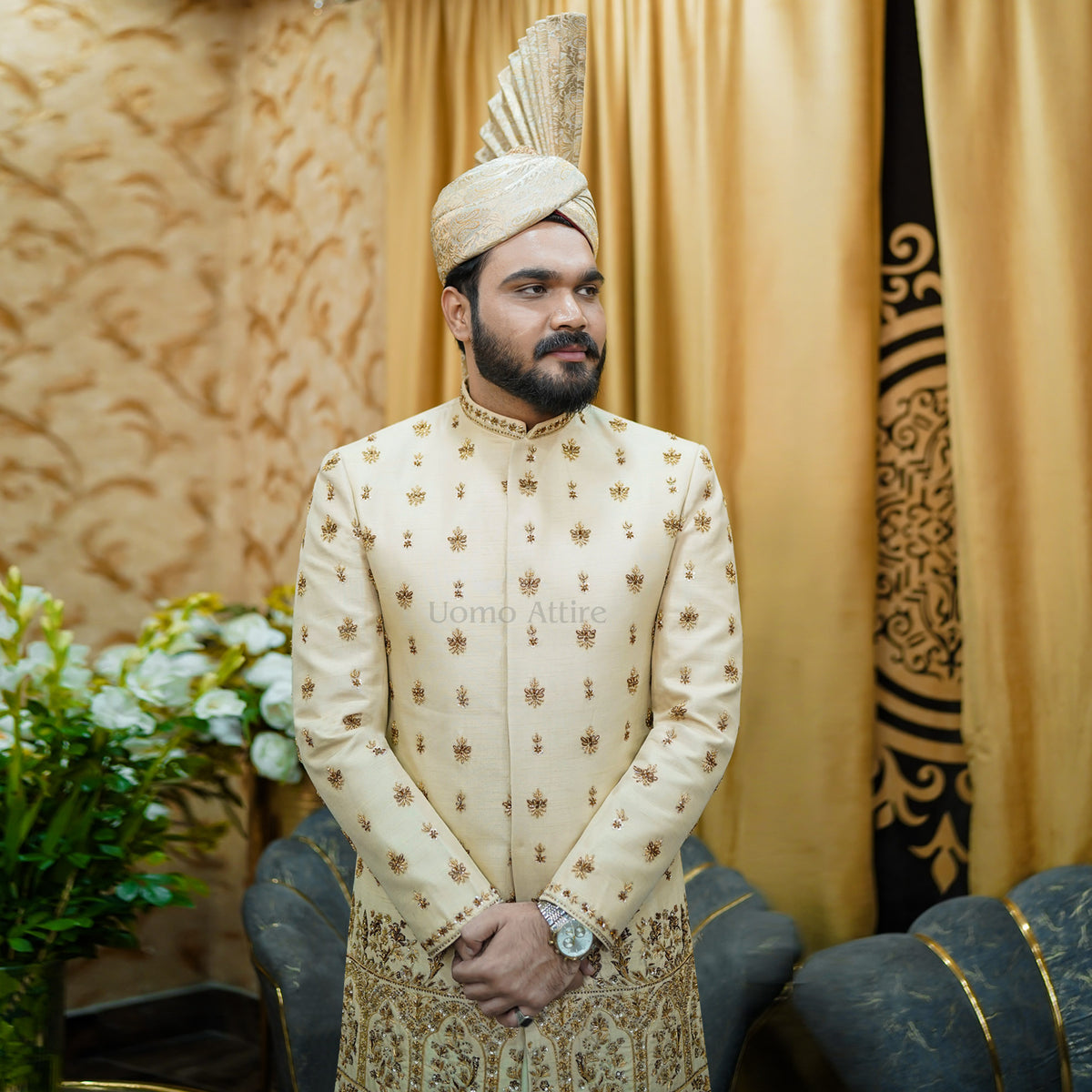Luxurious Ivory Gold Sherwani for Groom Fully Heavy Embellishment ...