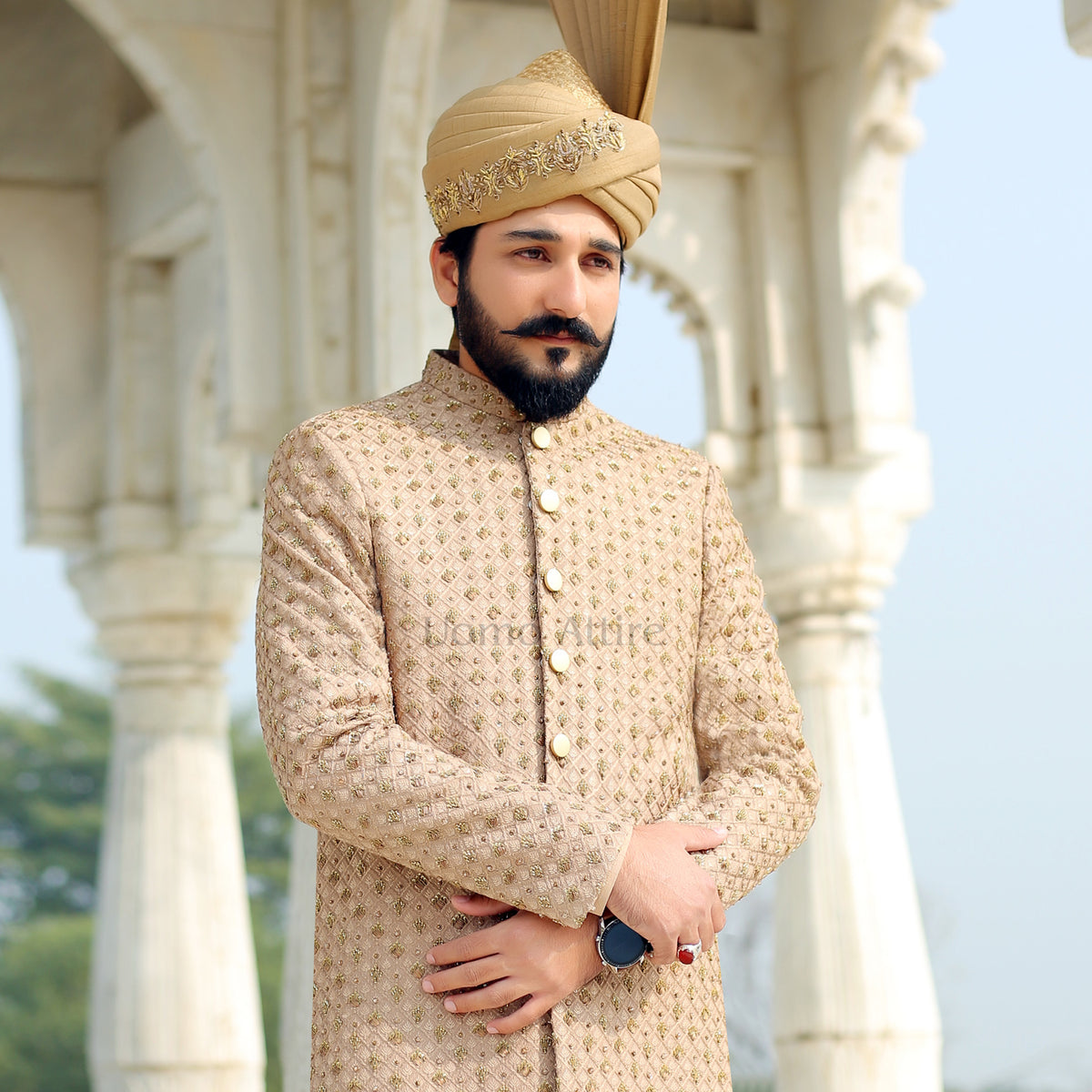 Luxury Embroidered Sherwani and Turban Set Traditional Formal Wear ...