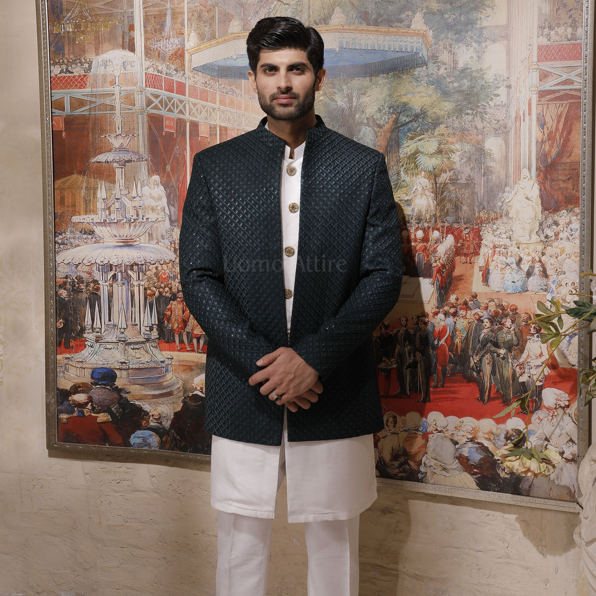Elegant Deep Green Embroidered Prince Coat with White Kurta Pajama ...