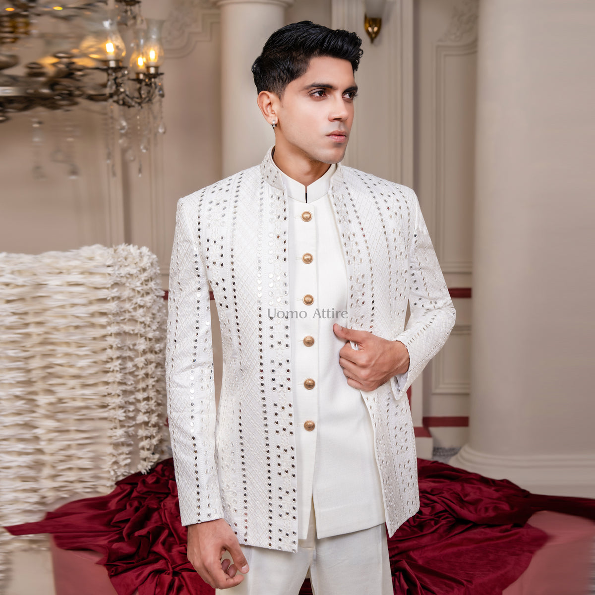 Open-Front Prince Coat with Embroidery & Mirror Work – Uomo Attire