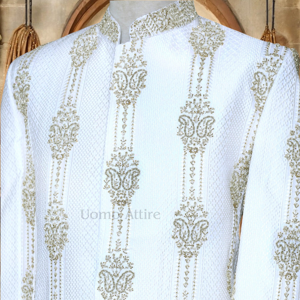 2-Piece White Embellished Prince Coat Set – Uomo Attire