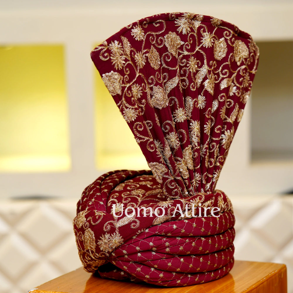 Dark maroon full embroidered customized turban – Uomo Attire