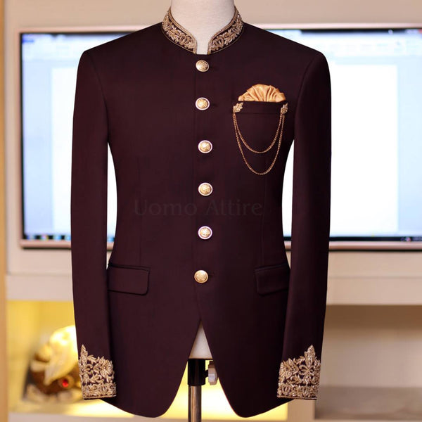 Mehroon tropical embellished prince coat – Uomo Attire