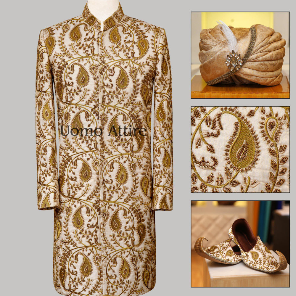 Golden sherwani pack with latest embroidered work – Uomo Attire