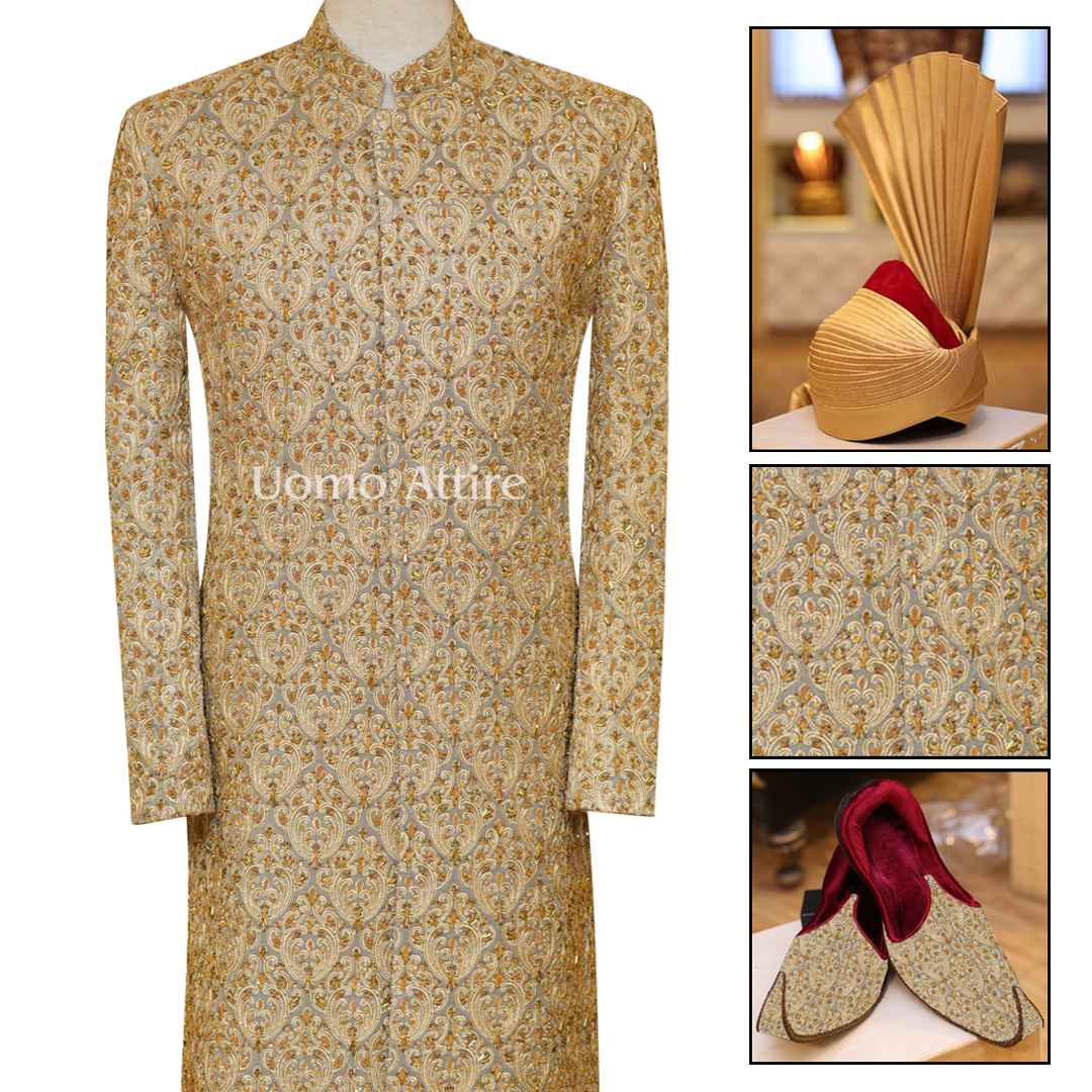 Golden sherwani package fully embellished – Uomo Attire