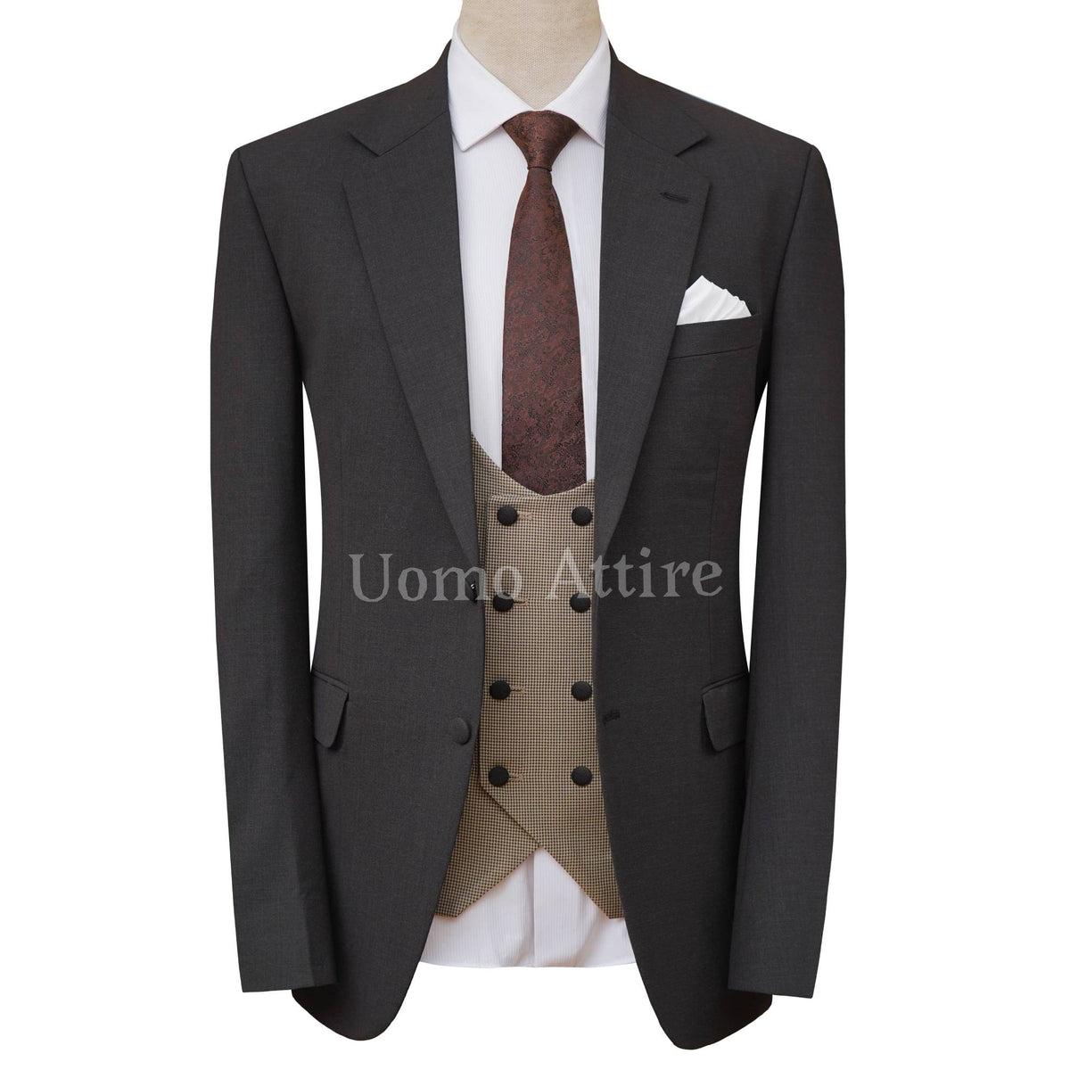 Lightweight Woolen Grey 3-Piece Suit with Mini Checkered Vest – Uomo Attire